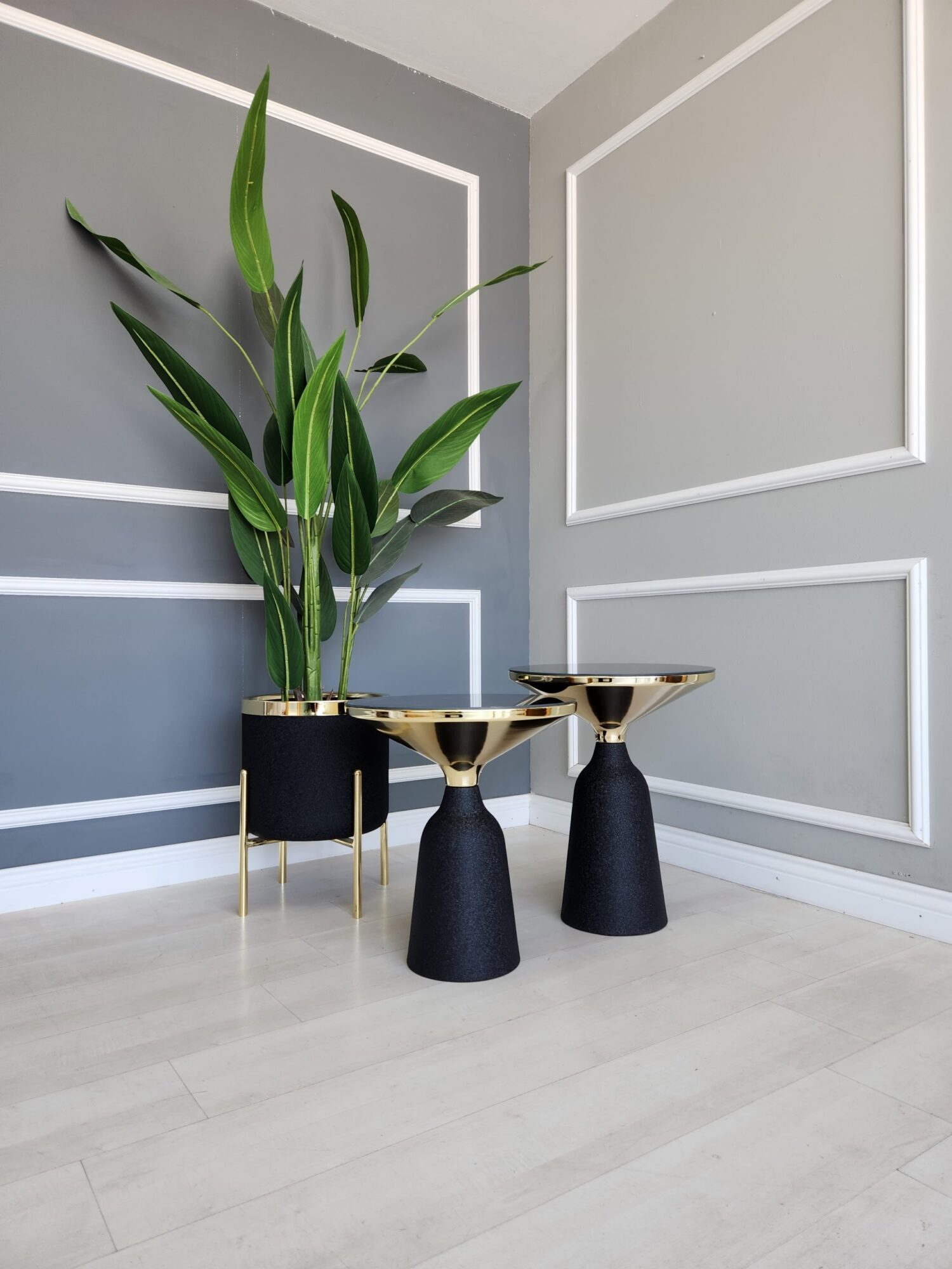 Rome Yan Sehpa İkili Takım – Pütürlü Siyah & Gold – Decor By Özay